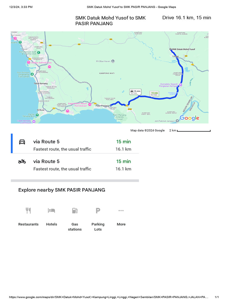 SMK Datuk Mohd Yusof To SMK Pasir Panjang - Google Maps | PDF