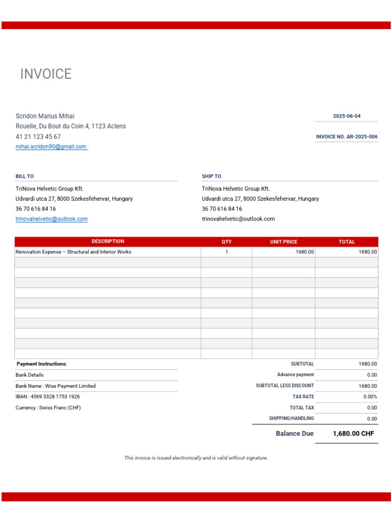 Invoice for TriNova Helvetic Group | PDF | Invoice | Swiss Franc