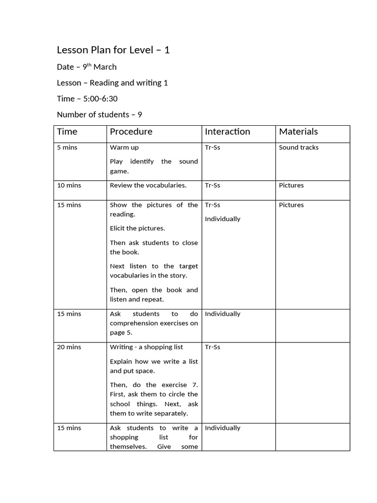Lesson Plan For R&W1 | PDF