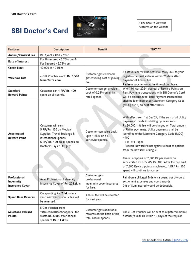 SBI Doctor's Card Benefits Overview | PDF | Credit Card | Payments
