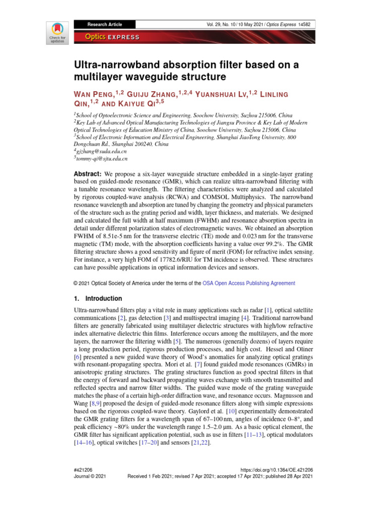 Ultra-Narrowband GMR Absorption Filter | PDF | Refractive Index ...
