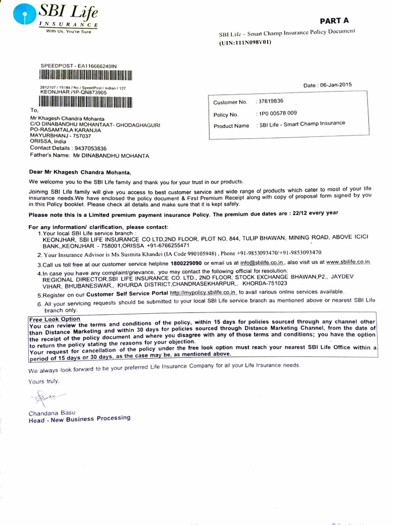 SBI Life Smart Champ Policy Document | PDF | Insurance | Financial Services