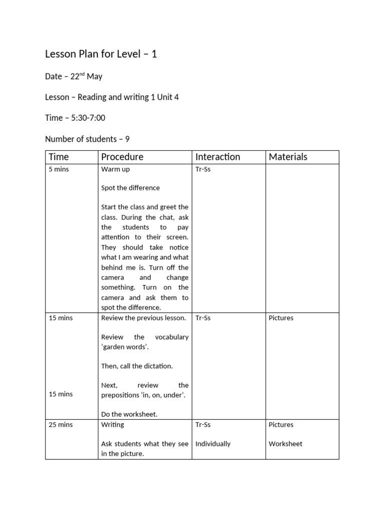 Level 1 Reading & Writing Lesson Plan | PDF