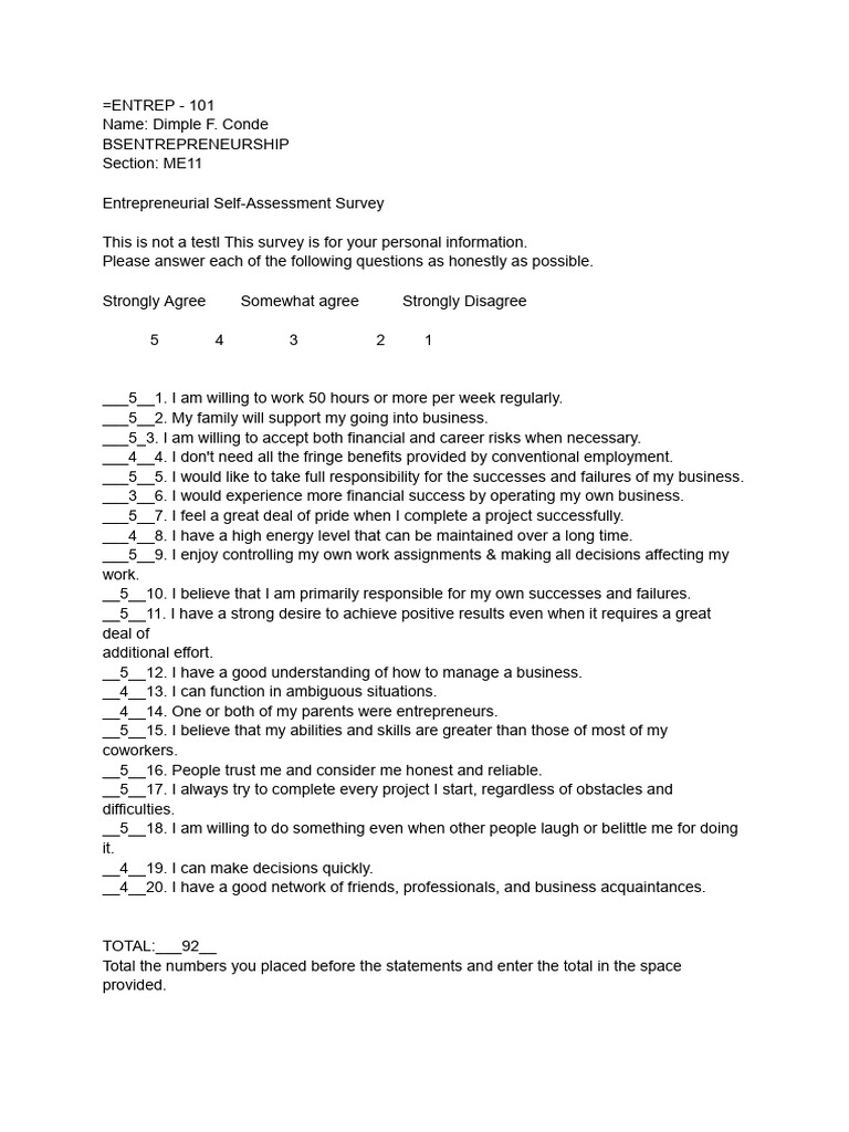 Entrepreneurial Self-Assessment Survey | PDF