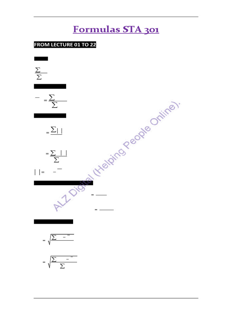 STA301 Imp Formulas & Definitions - FF | PDF | Level Of Measurement ...