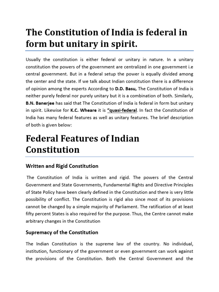 Federal in Character But Unitary in Spirit | PDF | Constitution ...