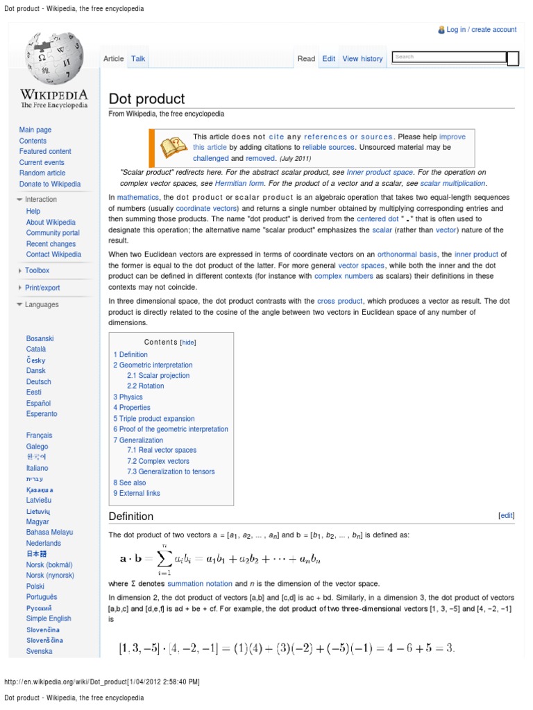 Dot Product - Wikipedia, The Free Encyclopedia | PDF | Vector Space | Space