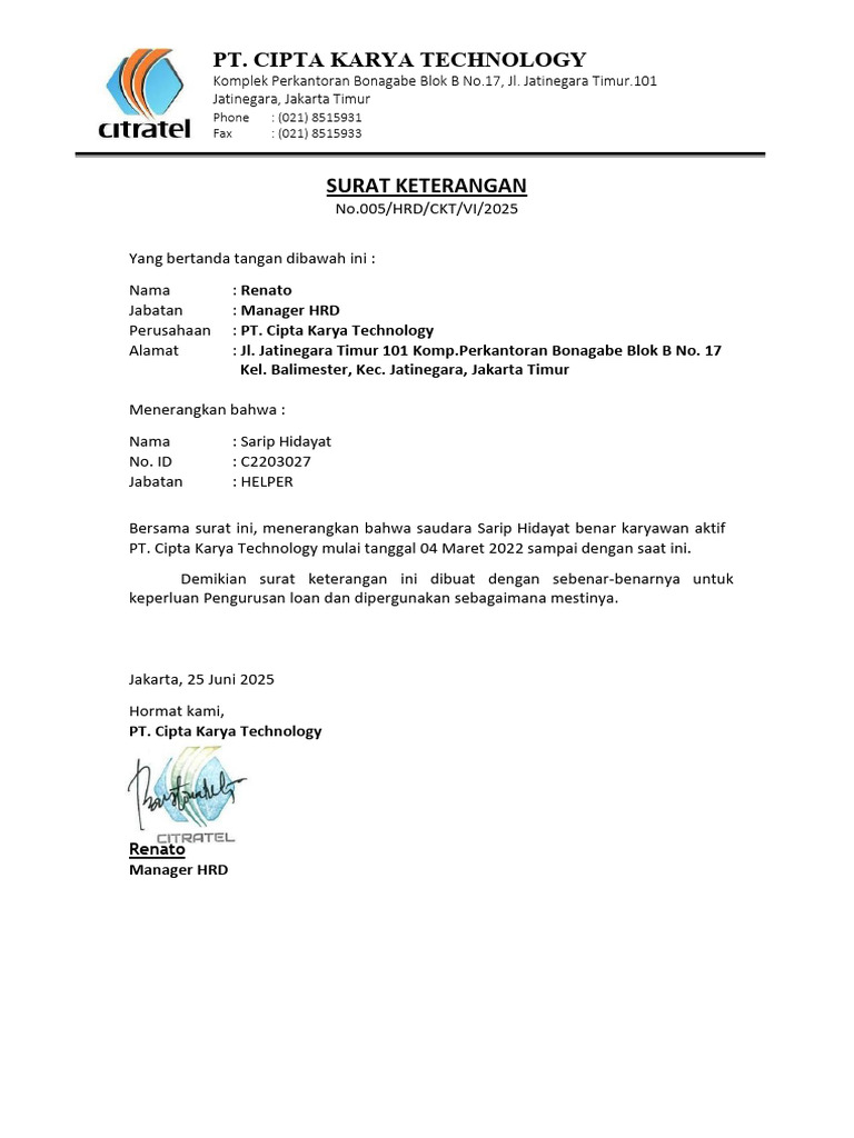 005 - Surat Keterangan - Sarip Hidayat | PDF
