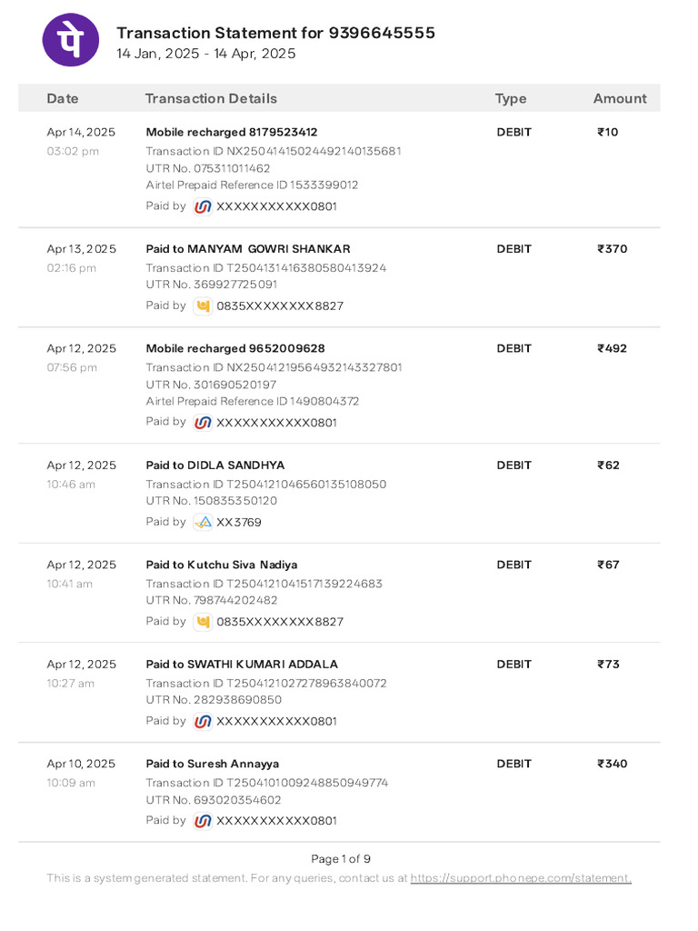 PhonePe Statement Jan2025 Apr2025 | PDF | Debit Card | Debits And Credits