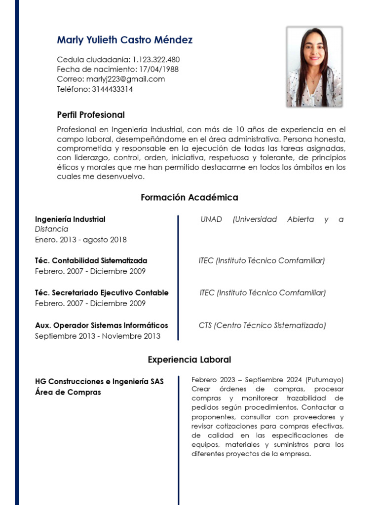 CV Marly Yulieth Castro Méndez - SD - Comprimido | PDF