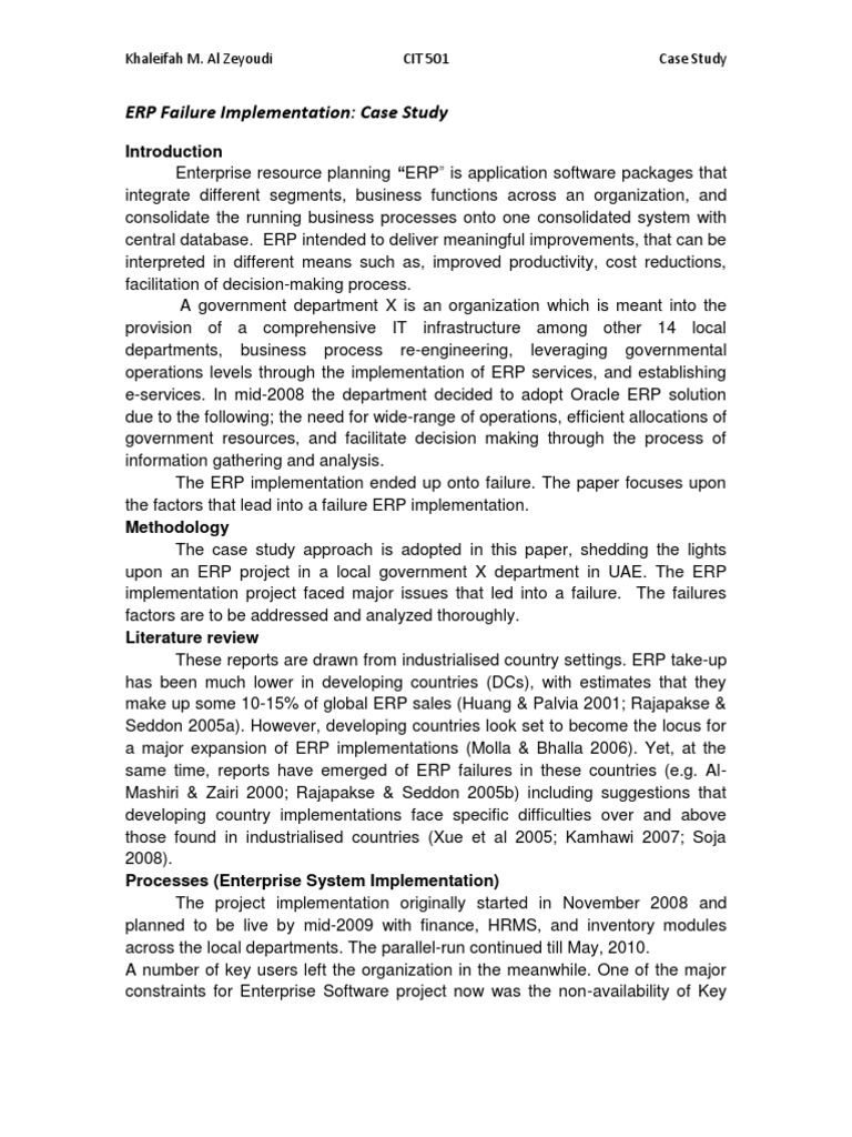 ERP Failure Implementation - Case Study | PDF | Enterprise Resource ... ERP Failure Implementation - Case Study | PDF | Enterprise Resource ...
