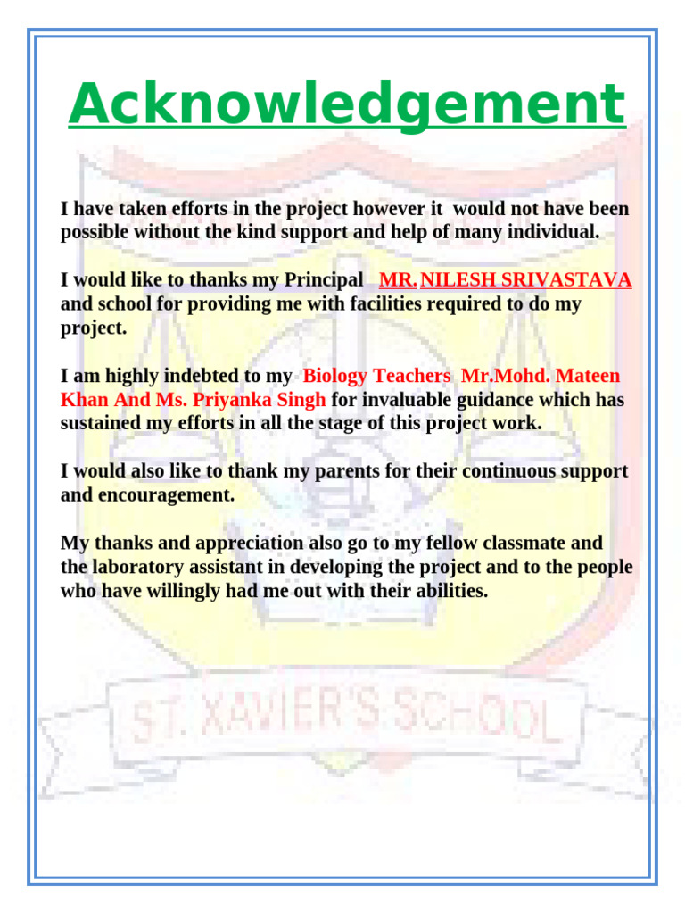Acknowledgement for Biology Project | PDF