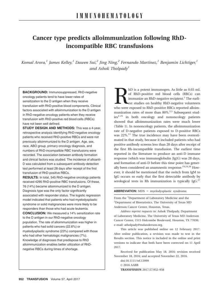 Transfusion - 2017 - Arora - Cancer Type Predicts Alloimmunization ...
