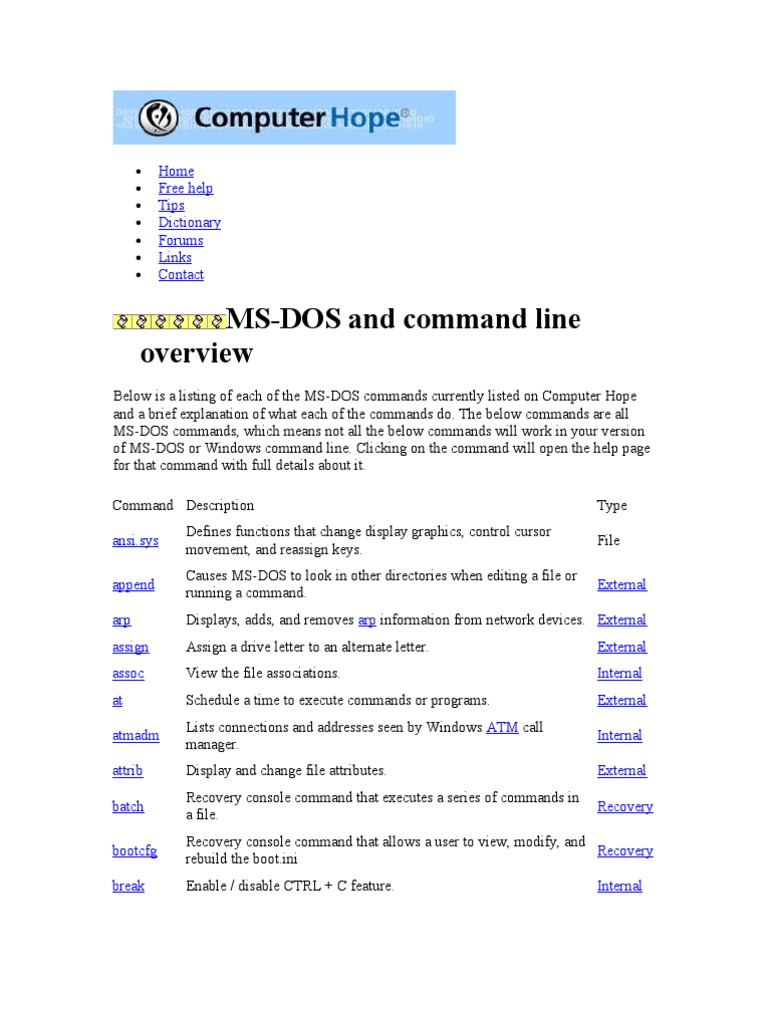 MS-DOS and Command Line: Home Free Help Tips Dictionary Forums Links Contact | PDF | Command ...