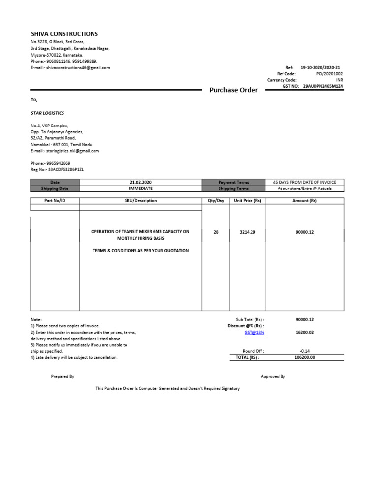 Purchase Order for Transit Mixer Hire | PDF | Business Documents ...