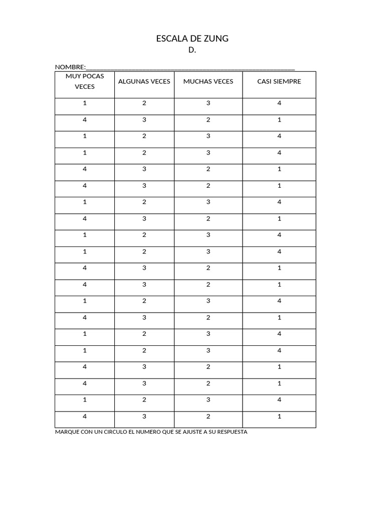 Escala de Zung D Hoja de Respuestas | PDF