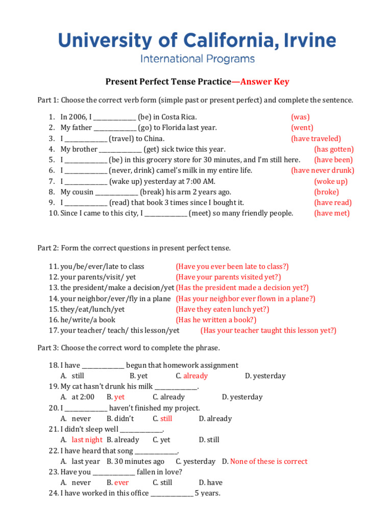 Present Perfect Tense Exercises Key | PDF