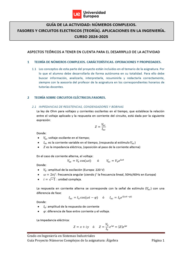 Guía Proyecto Álgebra 24-25 Teoría | PDF | Red eléctrica | Impedancia eléctrica