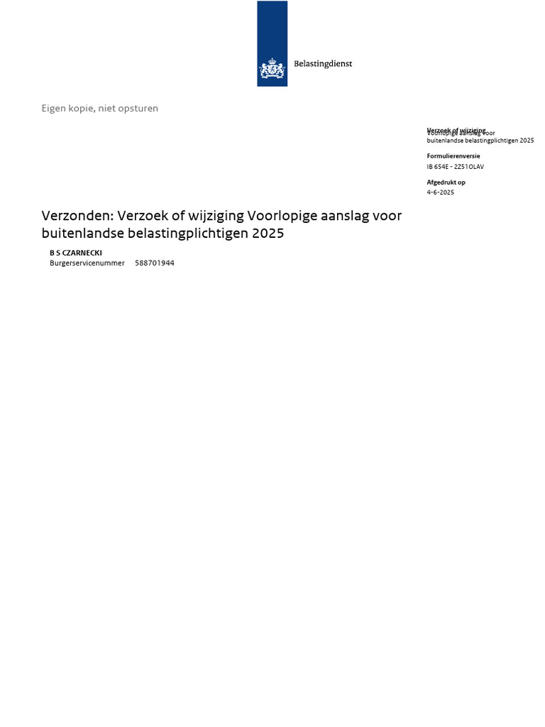 Verzoek of Wijziging Voorlopige Aanslag 2025 04-06-2025 09.50u | PDF