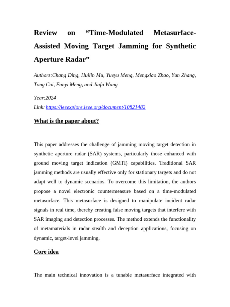 Review On Time-Modulated Metasurface-Assisted Moving Target Jamming For ...