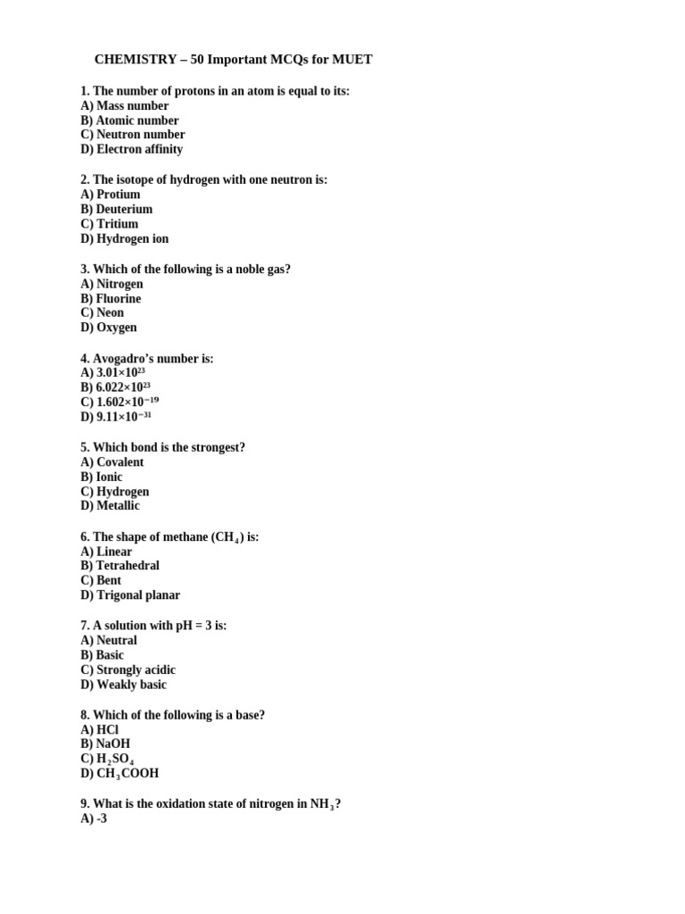 Chemistry 2nd Round Important Mcqs | PDF | Atoms | Hydrogen