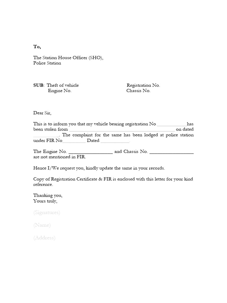 Vehicle Theft Complaint Letter | PDF