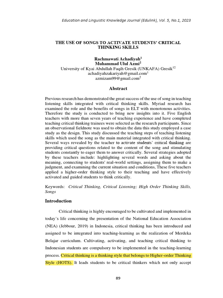 The Use of Song To Activate Students Cri | PDF | Critical Thinking | Thought