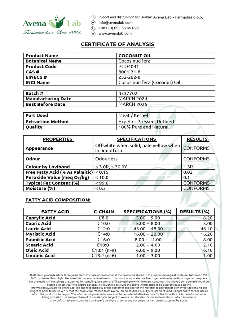 Coconut Oil Certificate of Analysis | PDF | Coconut | Coconut Oil