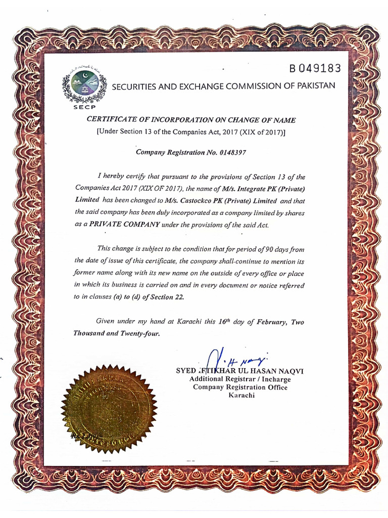 Change of Name Certificate - Castockco | PDF