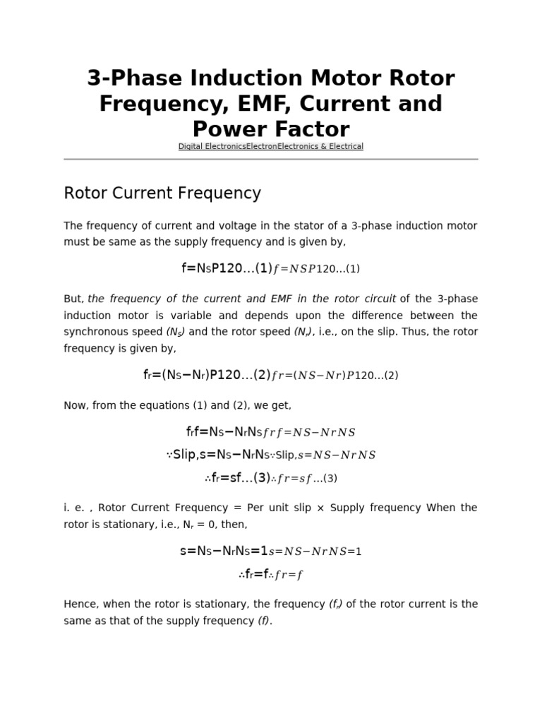 Rotor Current Frequency in Induction Motors | PDF | Electric Motor ...