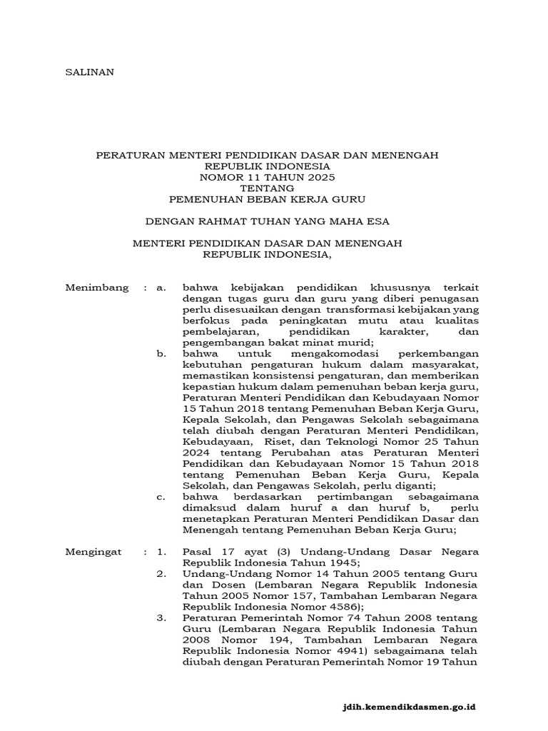 Permendikdasmen No 11 Tahun 2025 Tentang Pemenuhan Beban Kerja Guru | PDF