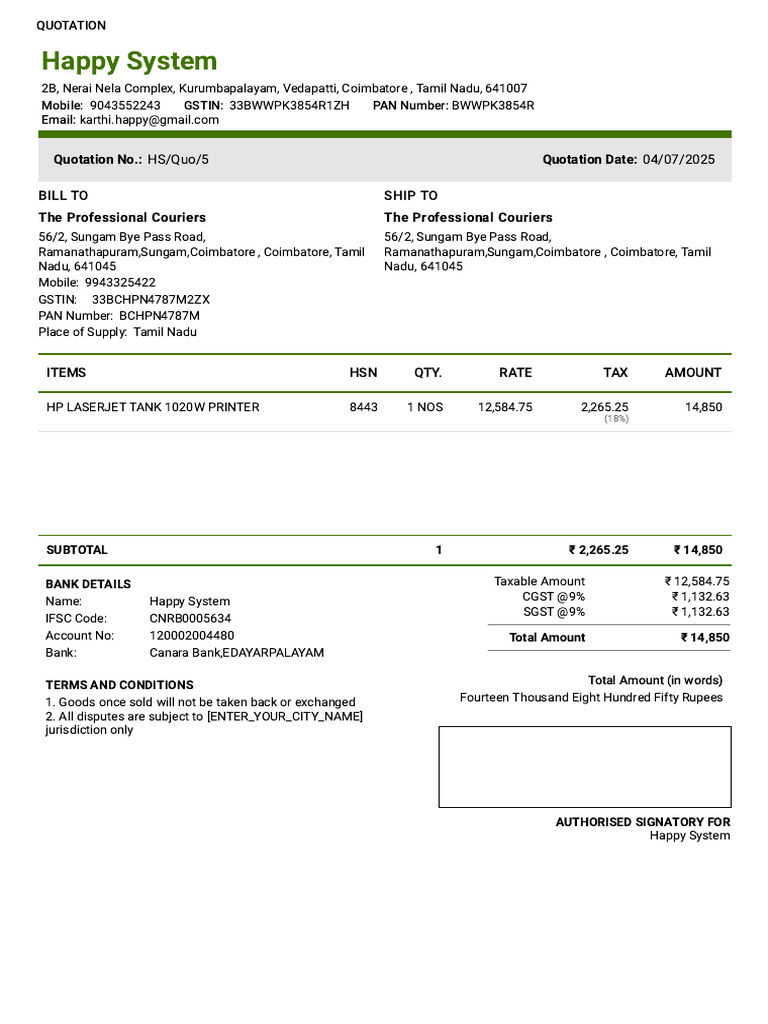Quotation HS/Quo/5 for Professional Couriers | PDF