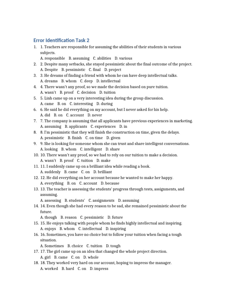 Error Identification Task 2 | PDF | Cognition
