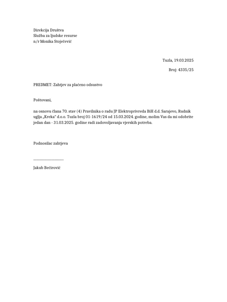 Zahtjev Za Placeno Odsustvo-2-1 | PDF