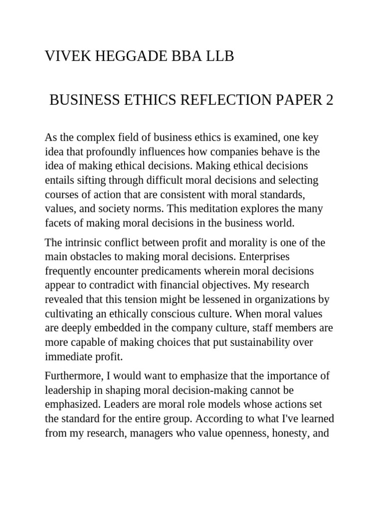 Business Ethics Reflection Paper 2 (Vivek Heggade) | PDF | Leadership | Decision Making