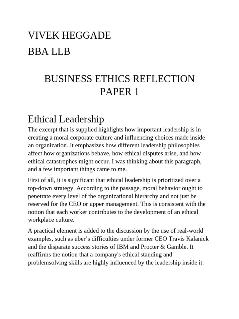 Business Ethics Reflection Paper 1 (Vivek Heggade) | PDF | Leadership | Organizational Culture