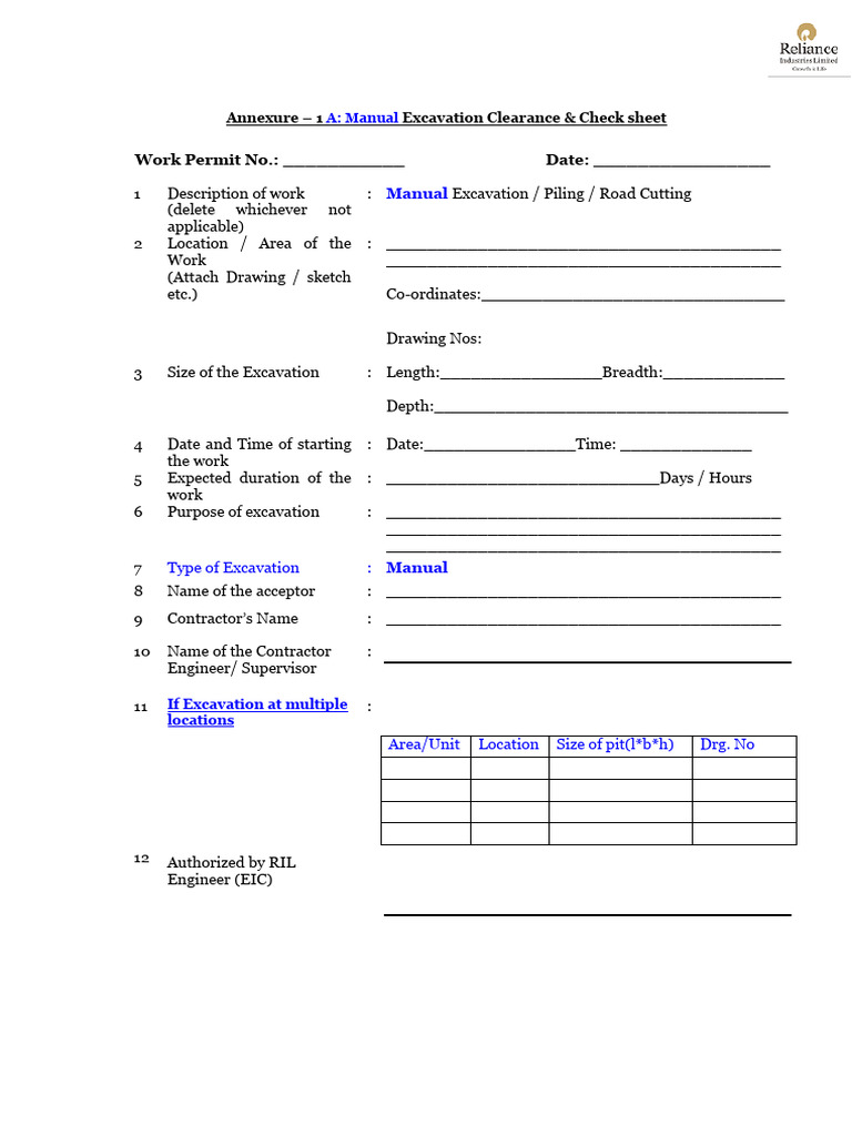 Manual Excavation Clearance Checklist | PDF