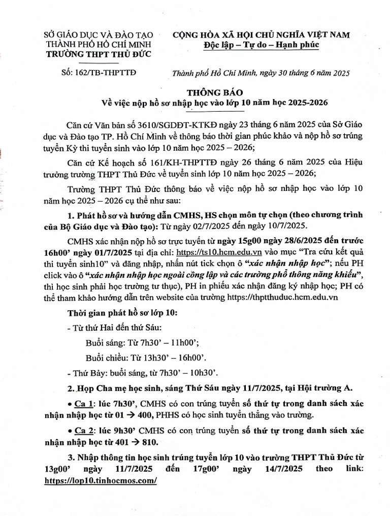 Thong Bao Ve Nop Ho So Nhap Hoc Lop 10 Nam Hoc 2025 2026 17202516 | PDF
