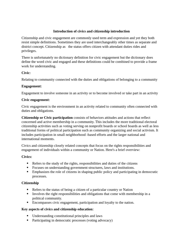 Introduction of Civics and Citizenship 1 and 2 Week | PDF | Citizenship ...