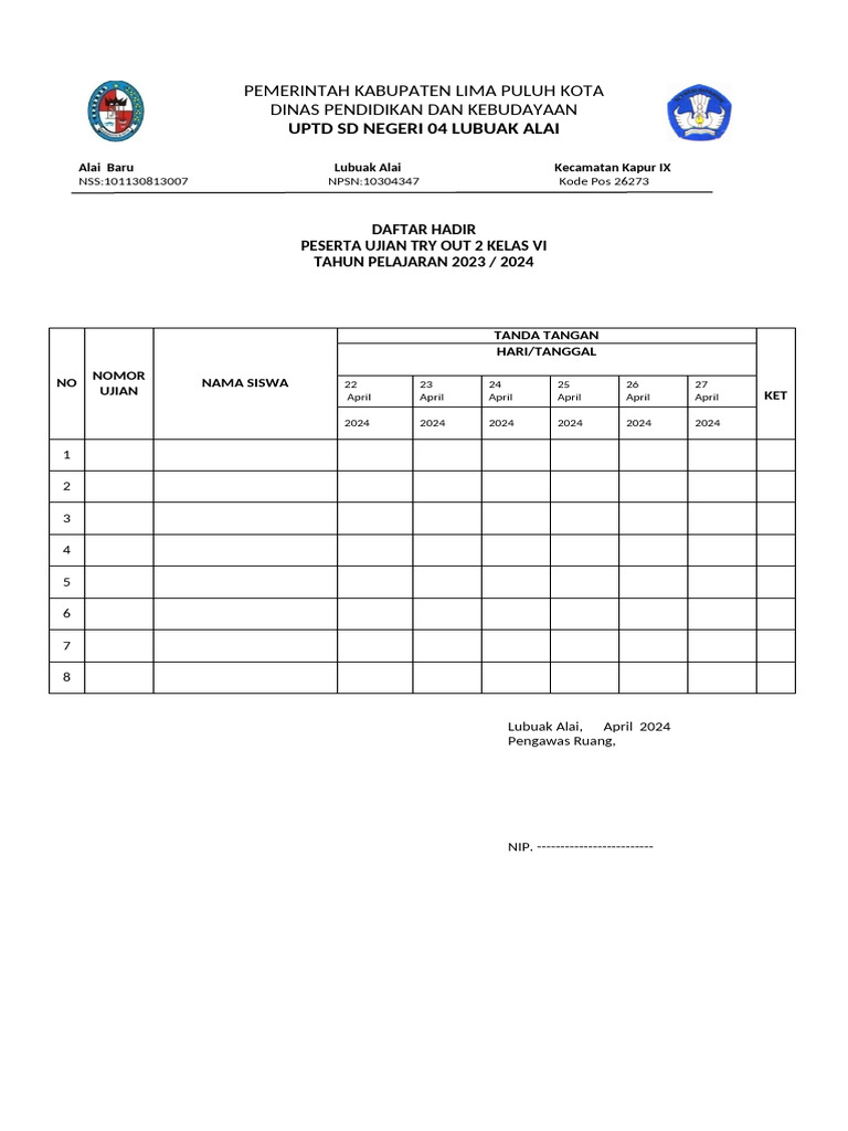 Daftar Hadir Peserta Ujian To 2 2023-2024 | PDF