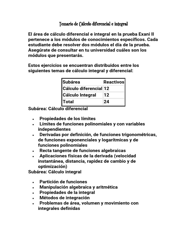 Temario Cálculo Diferencial e Integral Exani II | PDF | Ecuaciones ...