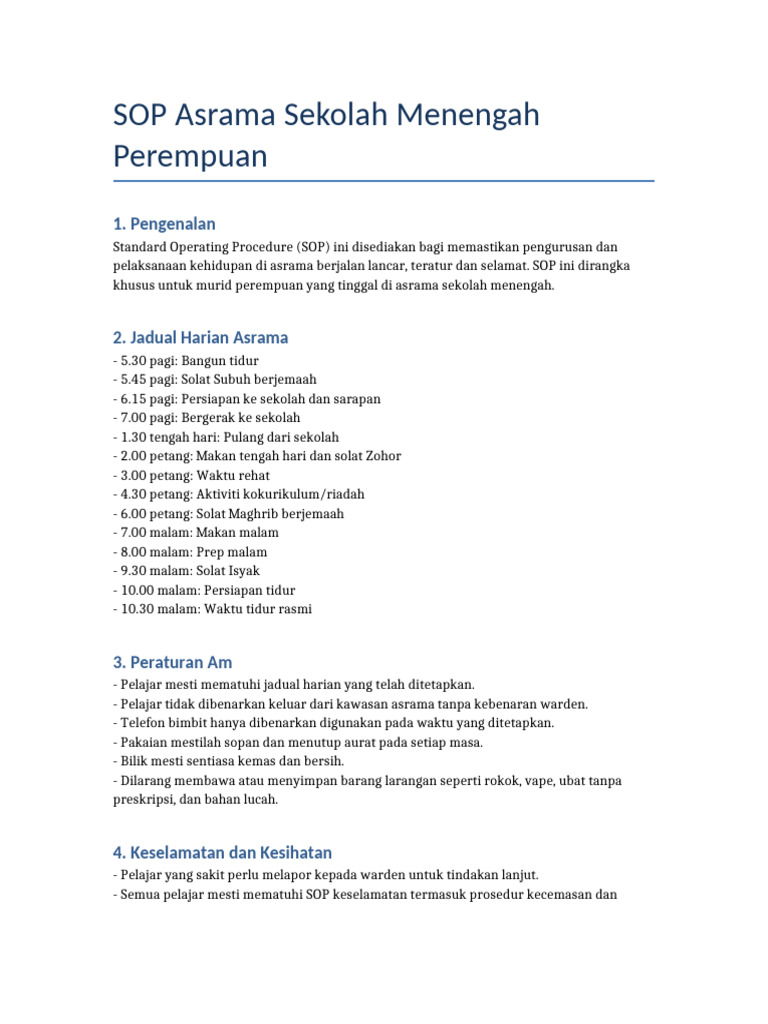 SOP Asrama Sekolah Menengah Perempuan | PDF