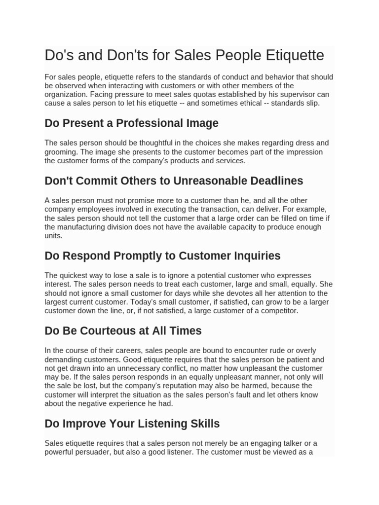 Sales Etiquette Dos and Donts | PDF | Etiquette | Psychological Concepts