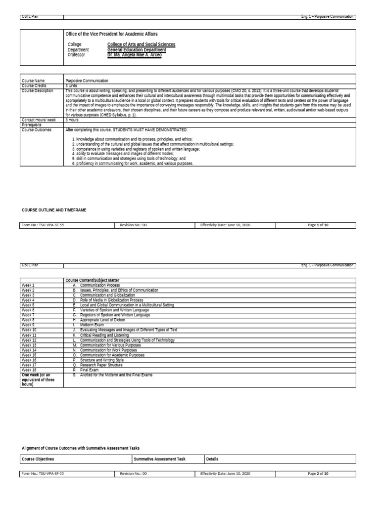SYLLABUS - Eng. 1 - Purposive Communication | PDF | Communication ...