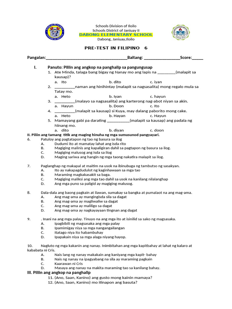 Pre-Test Filipino 6 | PDF