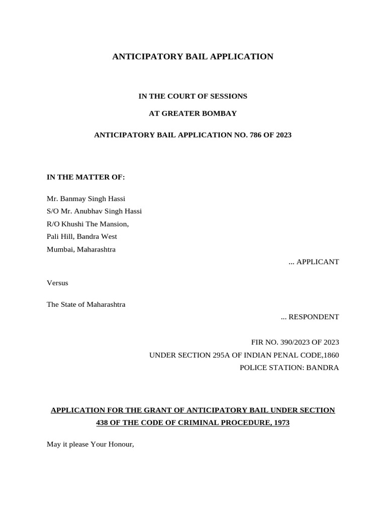 Anticipatory Bail Application | PDF | Bail | Criminal Procedure In South Africa