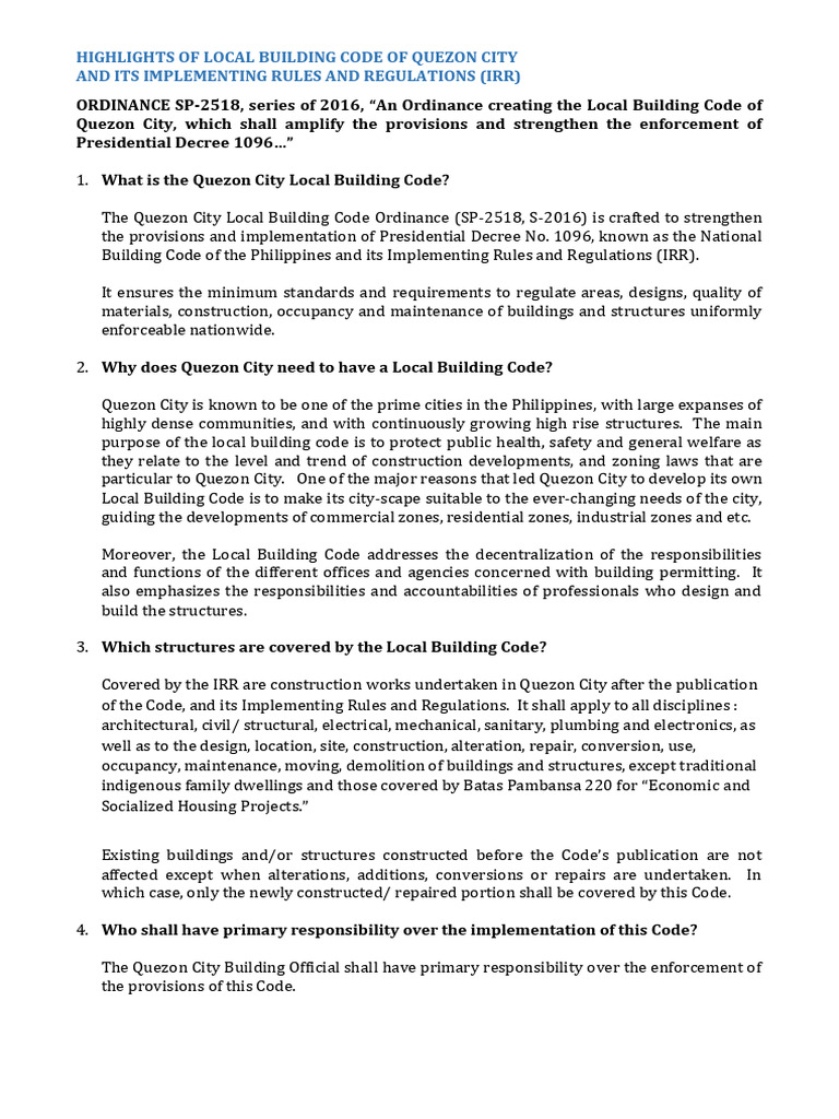 Quezon City Local Building Code Overview | PDF | Building Code | Building