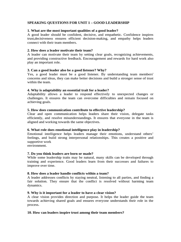 Speaking Questions For Unit 1 - Good Leadership | PDF | Leadership ...