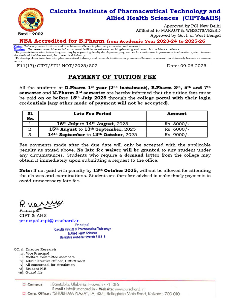 Notice For Payment of Tuition Fees - 05-06-2025 | PDF | Pharmacy