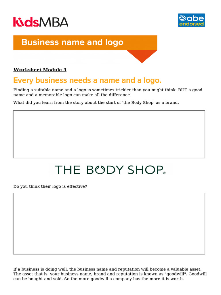 Worksheet Module 3 12S - Business Name and Logo v1 | PDF | Trademark